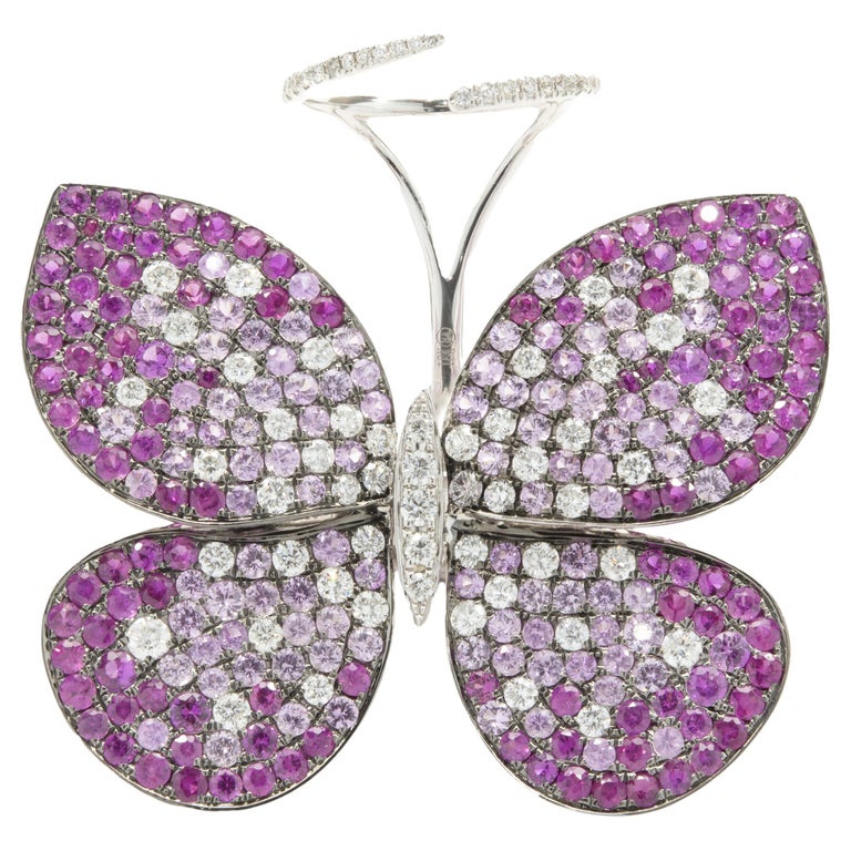 18 Karat White Gold Pave Pink Sapphire and Diamond Flying Butterfly ...