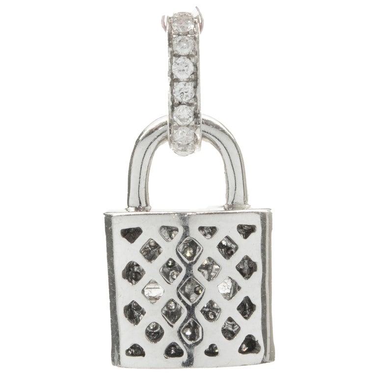 18 Karat White Gold Pave Round and Baguette Cut Diamond Padlock Pendant ...