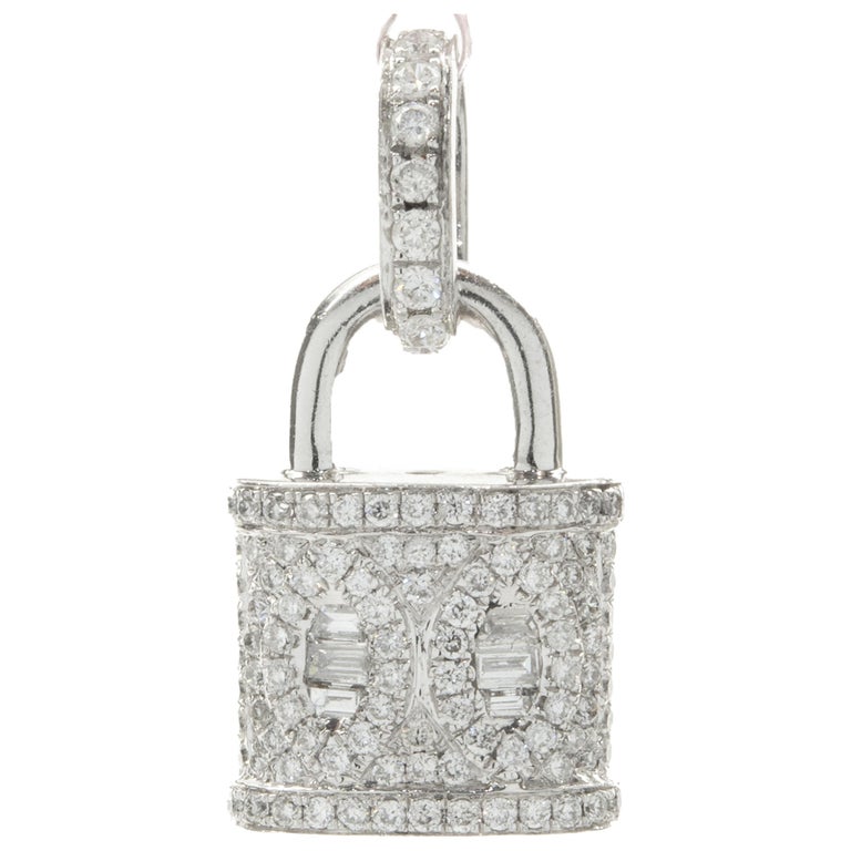 18 Karat White Gold Pave Round and Baguette Cut Diamond Padlock Pendant ...