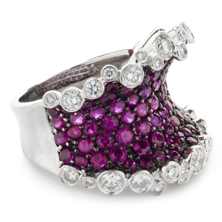 18 Karat White Gold Pave Ruby and Bezel Set Diamond Concave Cigar Band ...