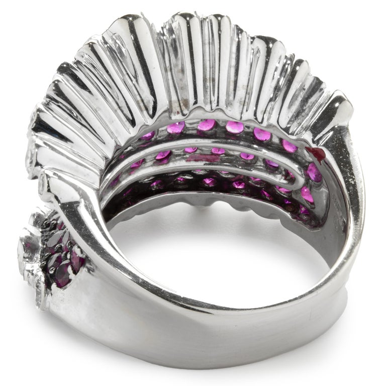 18 Karat White Gold Pave Ruby and Bezel Set Diamond Concave Cigar Band ...