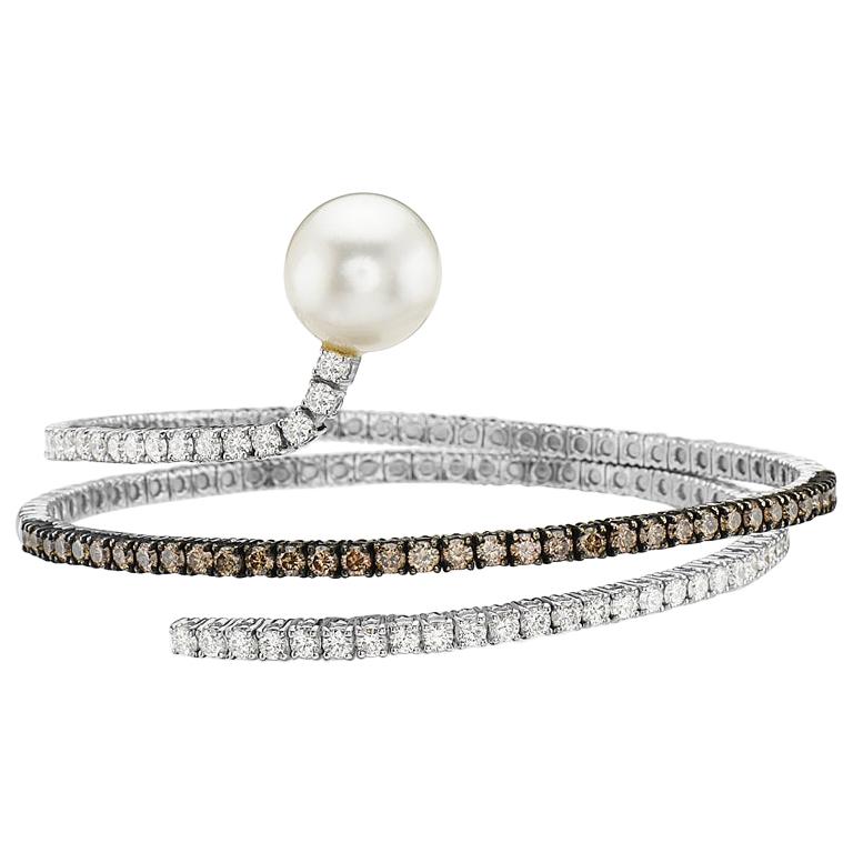 18 Karat White Gold Pearl and Champagne Diamond Bangle Bracelet at 1stDibs
