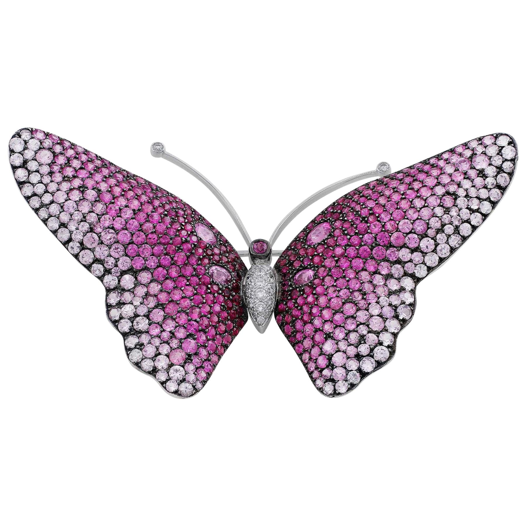 Pink Sapphire and Diamond 18 Karat White Gold Butterfly Brooch For Sale ...