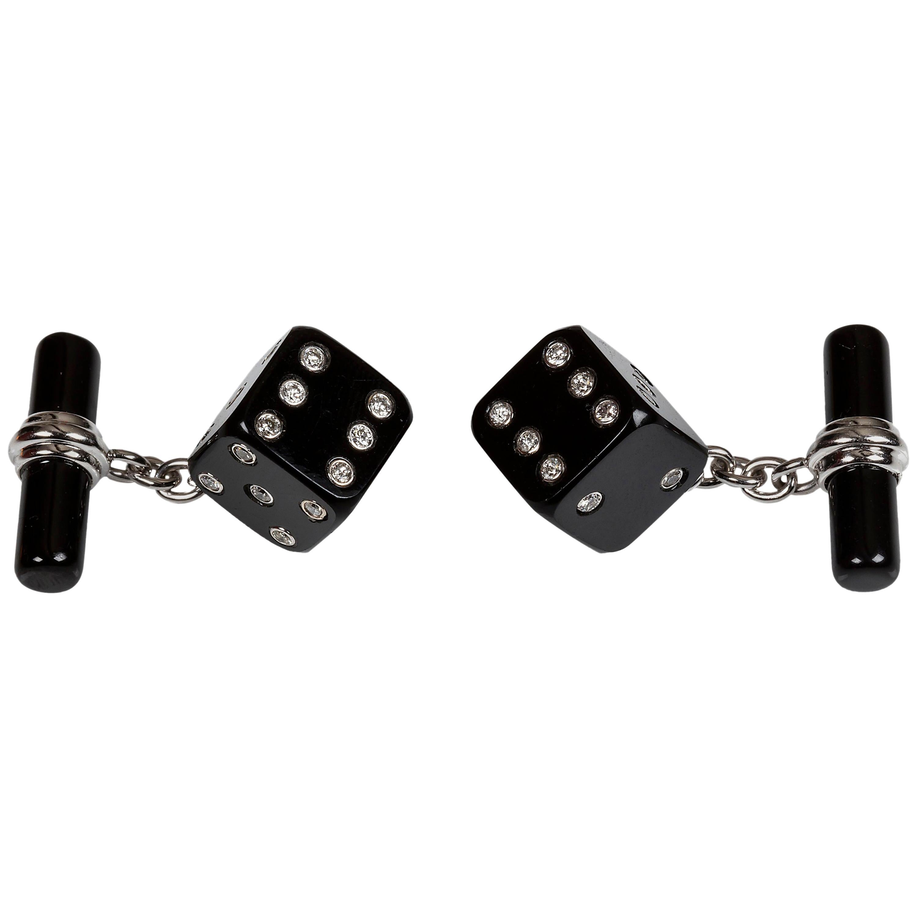 18 Karat White Gold Playing Dice Onyx Diamond Cufflinks at 1stDibs