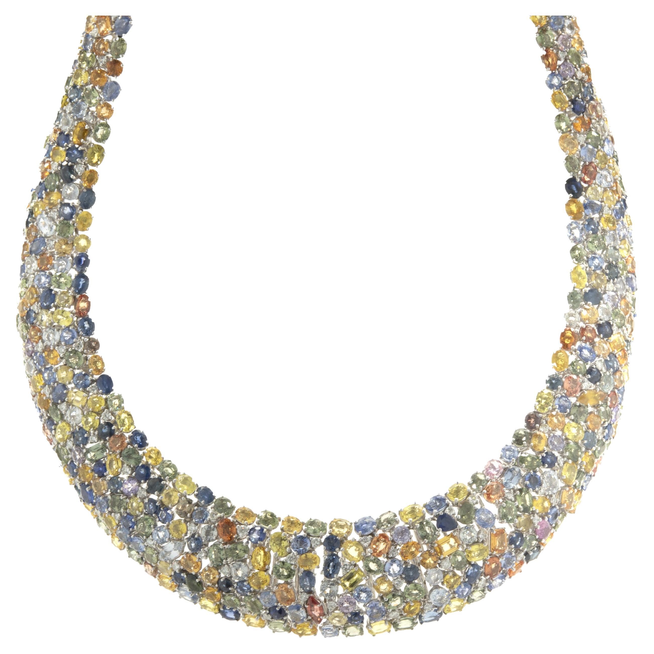 18 Karat White Gold Rainbow Sapphire and Diamond Wide Collar Necklace ...