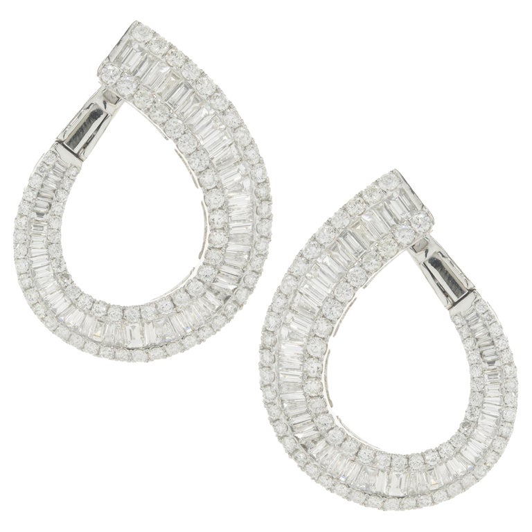 18 Karat White Gold Round and Baguette Cut Diamond Swoop Earrings For ...