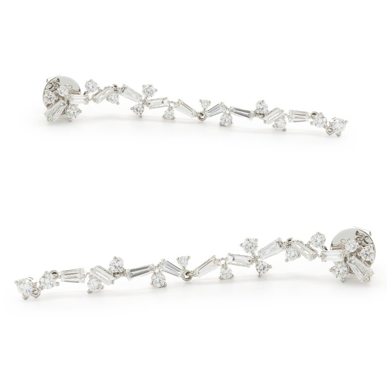 18 Karat White Gold Round and Baguette Organic Diamond Drop Earrings ...