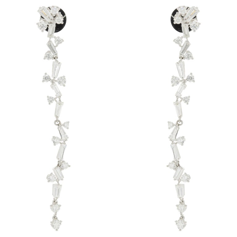 18 Karat White Gold Round and Baguette Organic Diamond Drop Earrings ...