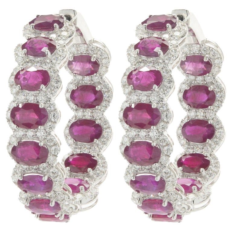 18 Karat White Gold Ruby and Diamond Halo Inside Outside Hoop Earrings ...