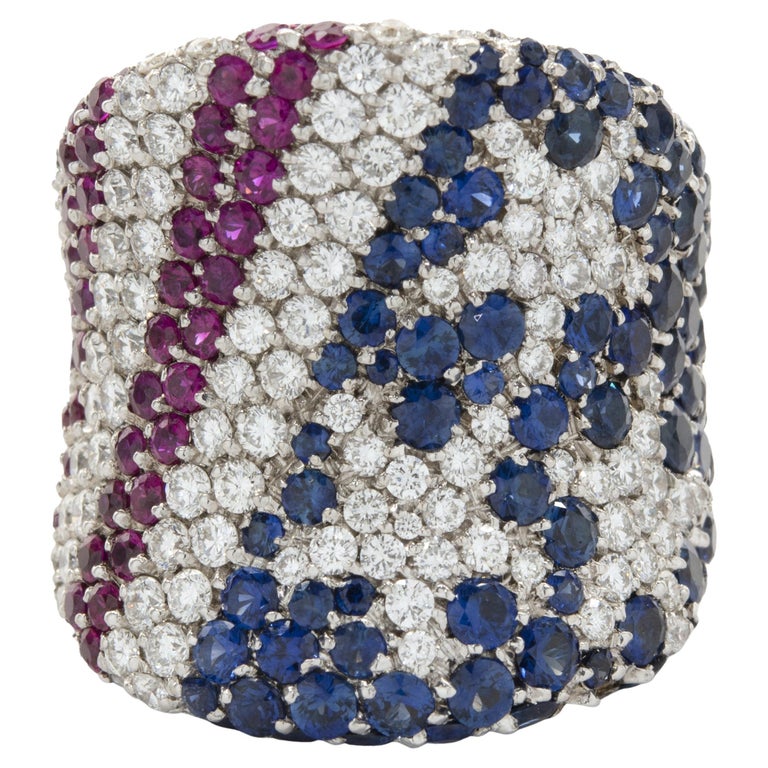 18 Karat White Gold Ruby, Diamond, and Sapphire American Flag Ring For ...