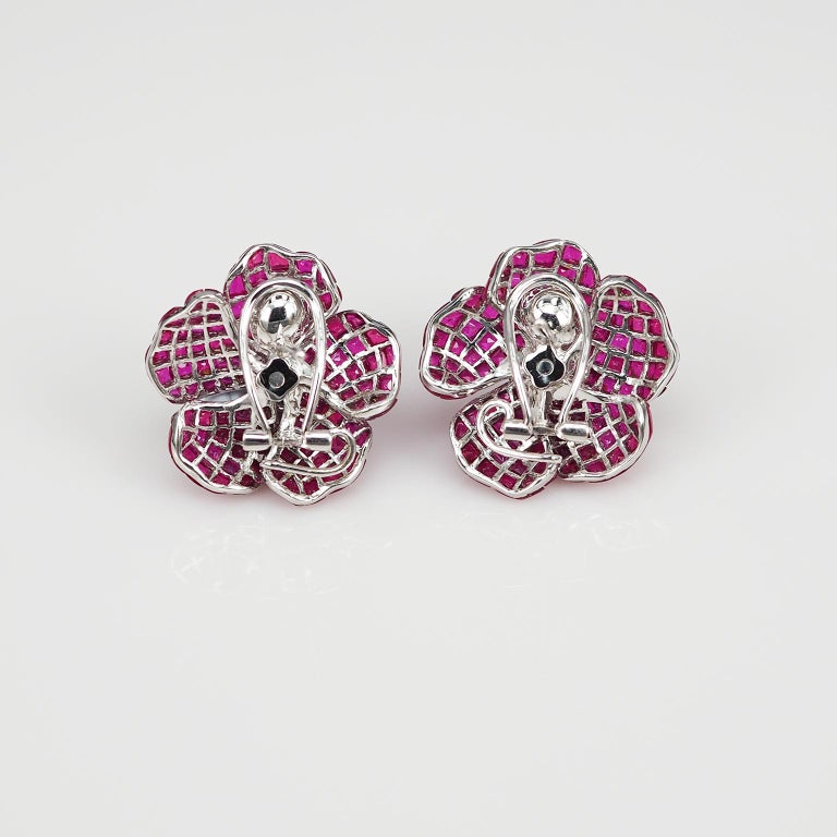 18 Karat White Gold Ruby Invisible Flower Earrings For Sale at 1stDibs ...