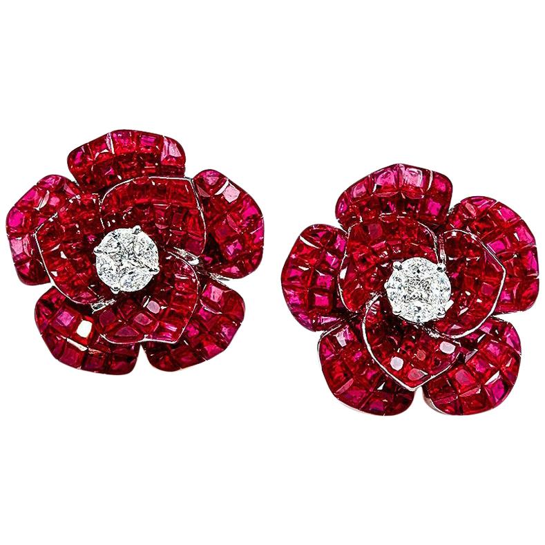 Invisible Set Sapphire Diamond Gold Earrings For Sale at 1stDibs