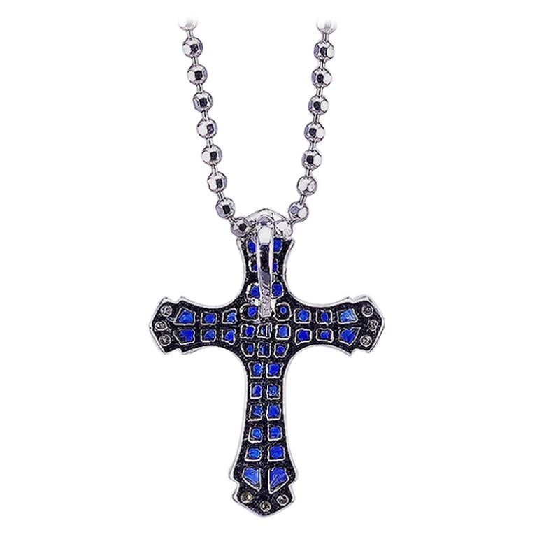 18 Karat White Gold Sapphire and Diamond Cross Pendant at 1stDibs