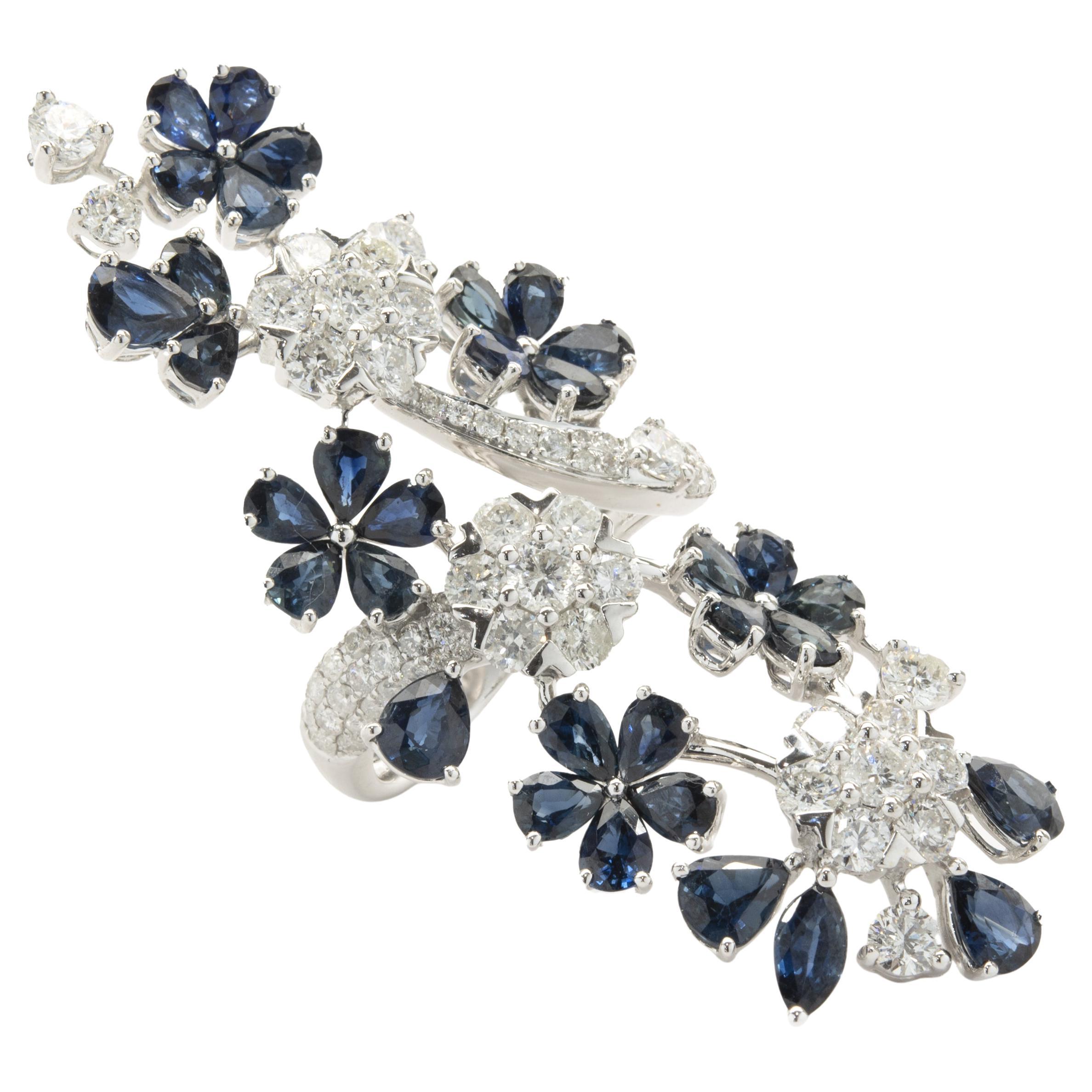 18 Karat White Gold Diamond Floral Long Finger Ring For Sale at 1stDibs