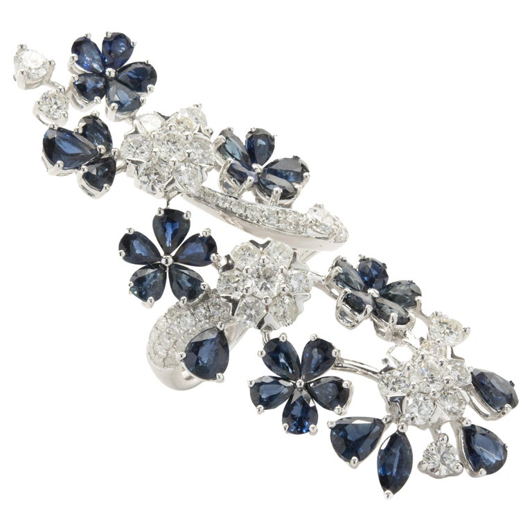 18 Karat White Gold Sapphire and Diamond Floral Long Finger Ring For ...