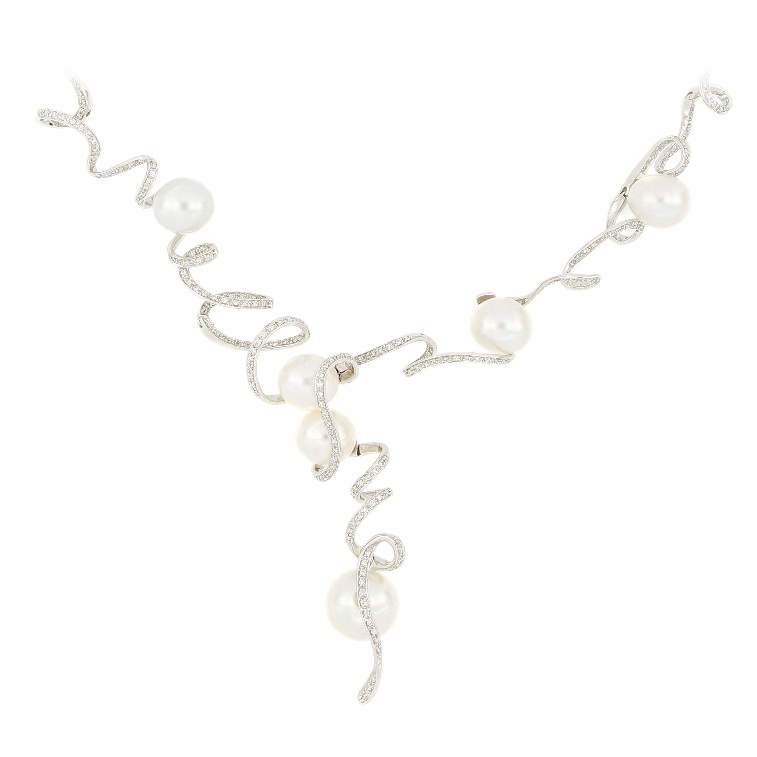 18 Karat White Gold South Sea Pearl and Diamond Ribbon Necklace at 1stDibs
