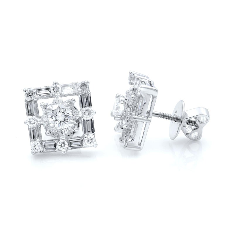 18 Karat White Gold Square Shaped Diamond Stud Earrings 0.77 Carat For ...