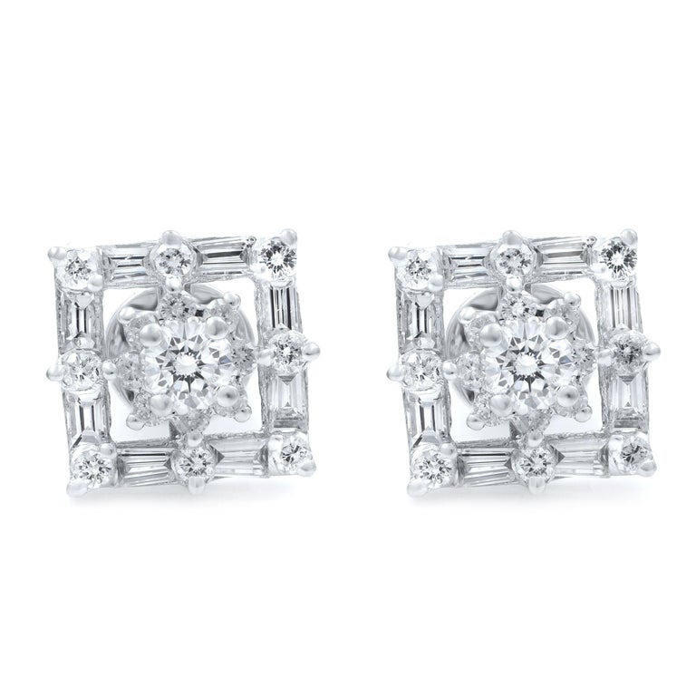 18 Karat White Gold Square Shaped Diamond Stud Earrings 0.77 Carat For ...