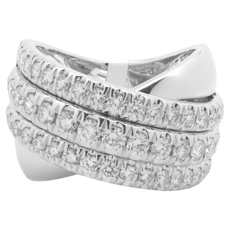 18 Karat White Gold Three Row Diamond Bypass Ring at 1stDibs
