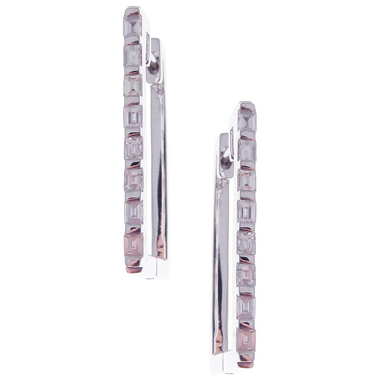 18-Karat White Gold White Baguette Diamonds Rectangle Hoop Earrings For ...