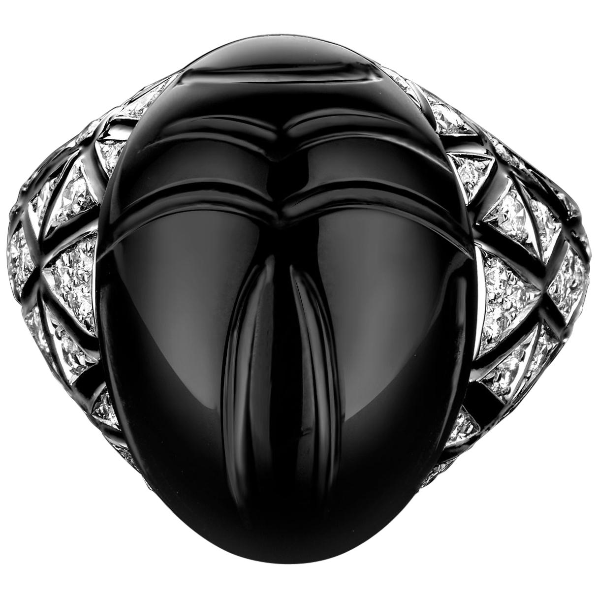 18 Karat White Gold, White Diamond and Black Enamel Scarab Ring For ...