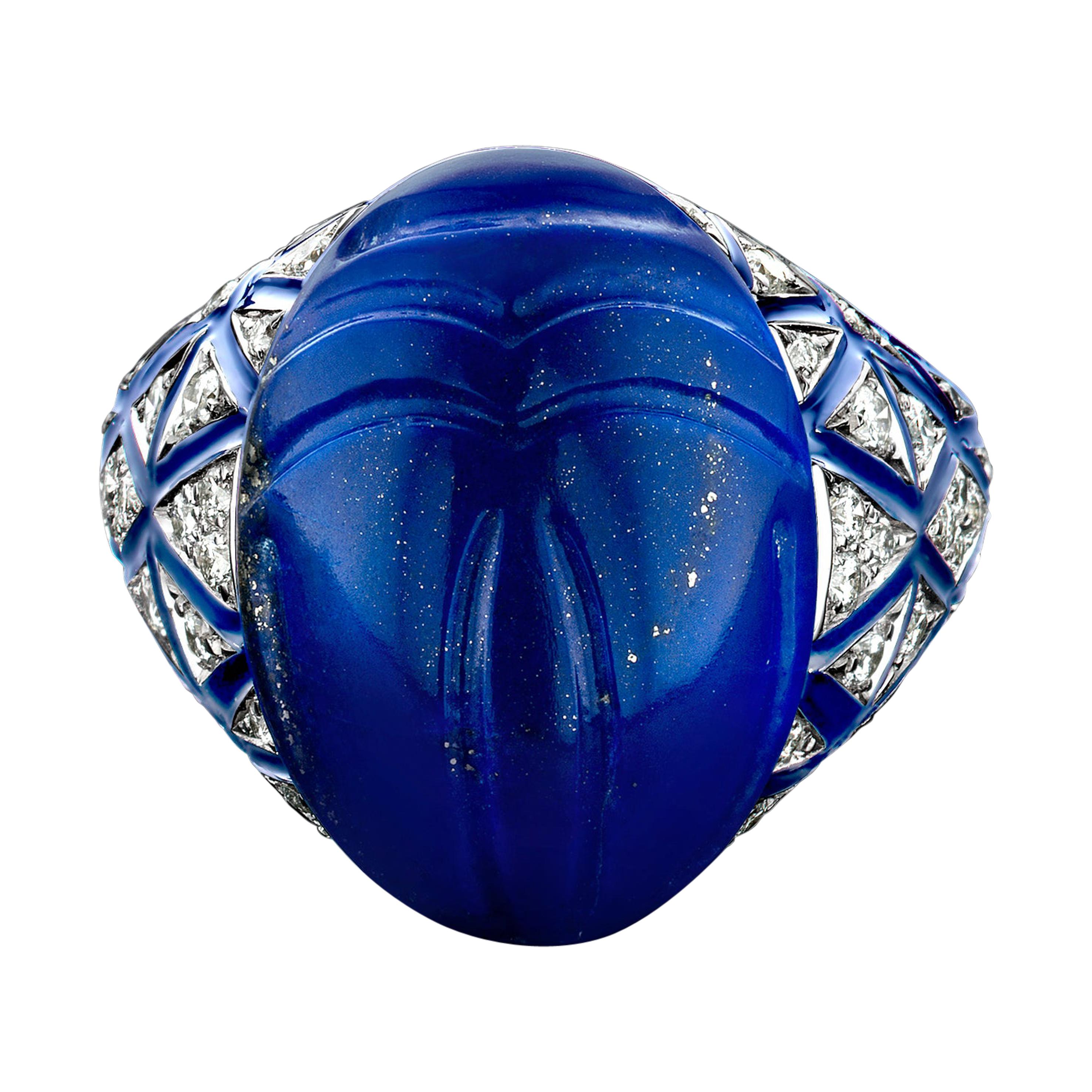 18 Karat White Gold, White Diamond and Lapis Scarab Ring For Sale at ...