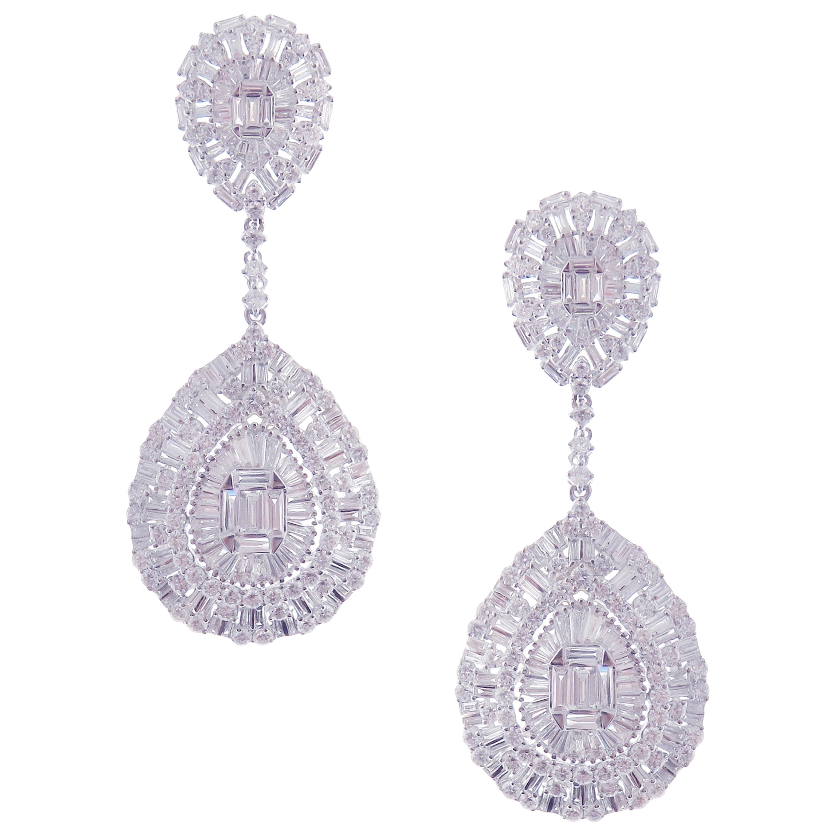 18 Karat White Gold White Diamond Flare Pear Baguette Dangling Earring ...