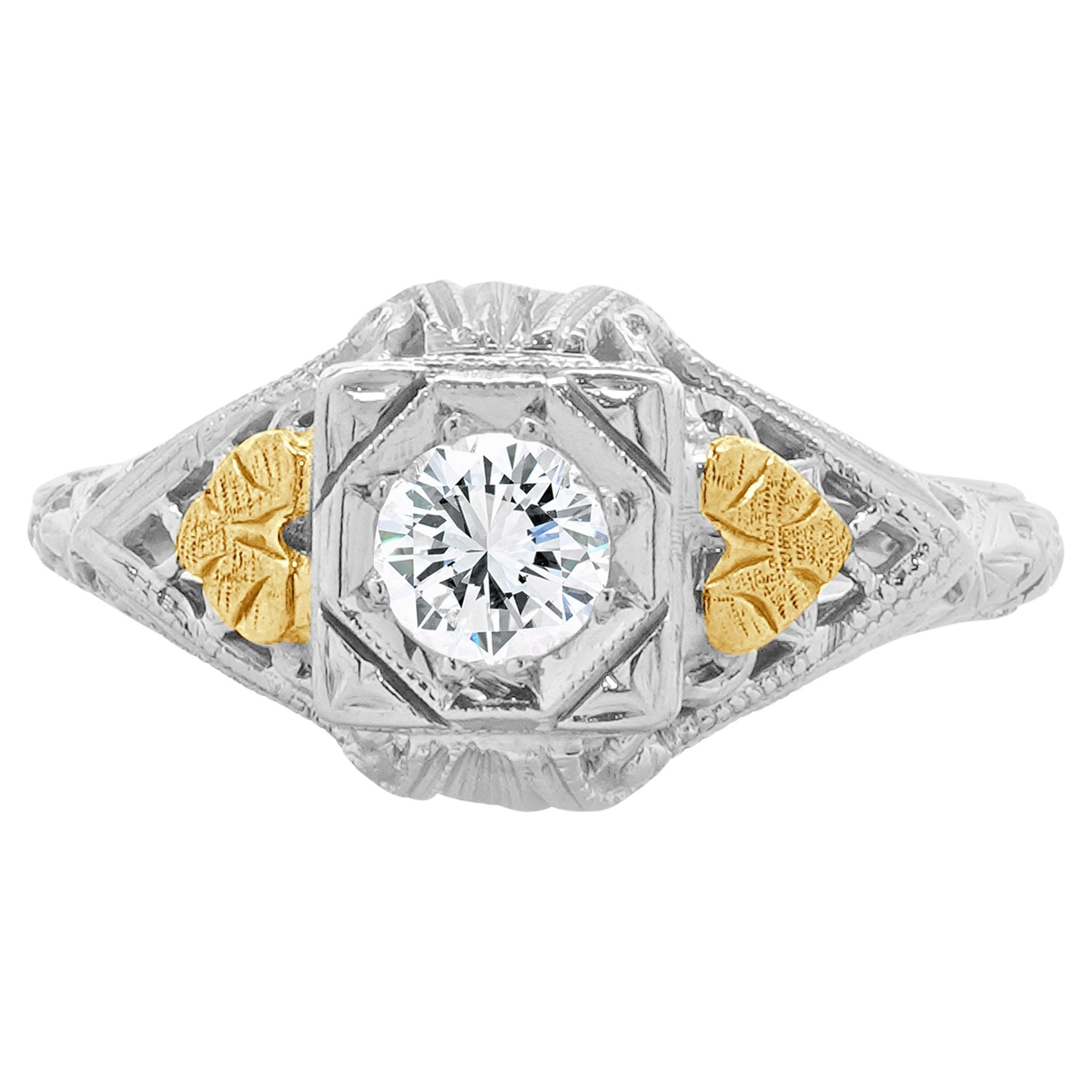 18 Karat White and Yellow Gold Vintage European Cut Diamond Engagement ...