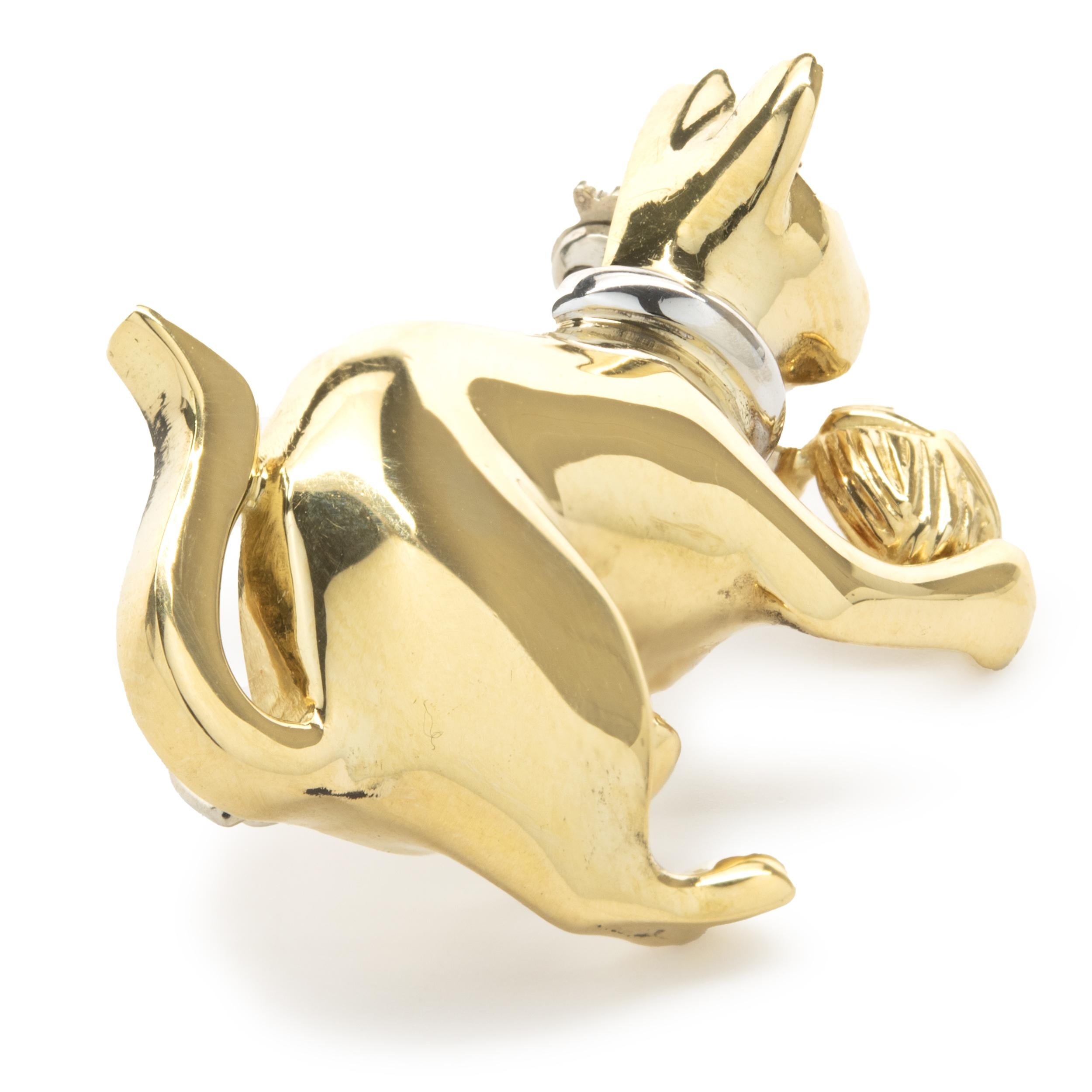 18 Karat Yellow and White Gold Cat Pin For Sale at 1stDibs