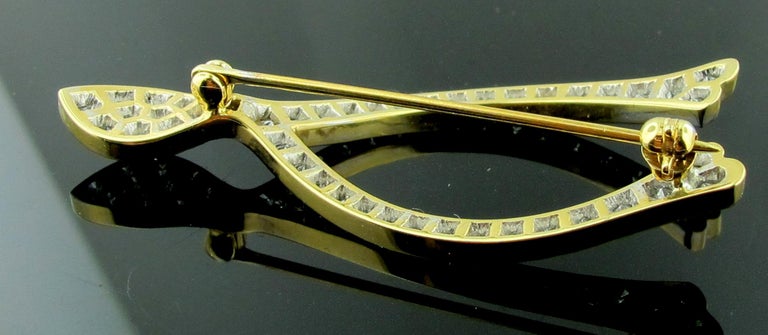 18 Karat Yellow and White Gold Diamond Wishbone Pin at 1stDibs