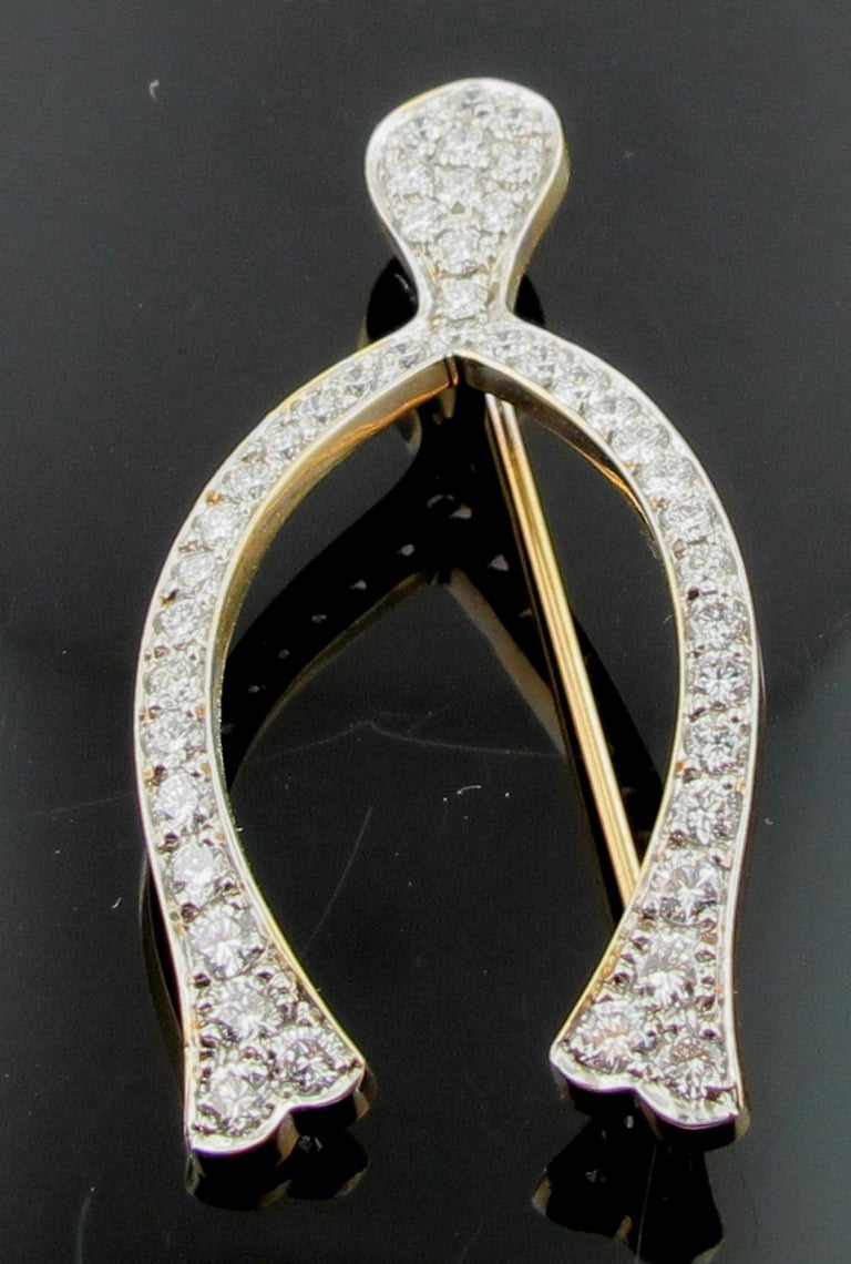 18 Karat Yellow and White Gold Diamond Wishbone Pin at 1stDibs