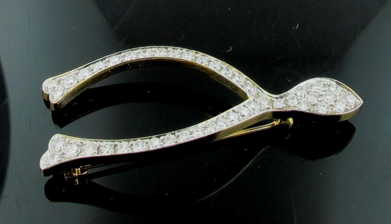 18 Karat Yellow and White Gold Diamond Wishbone Pin at 1stDibs