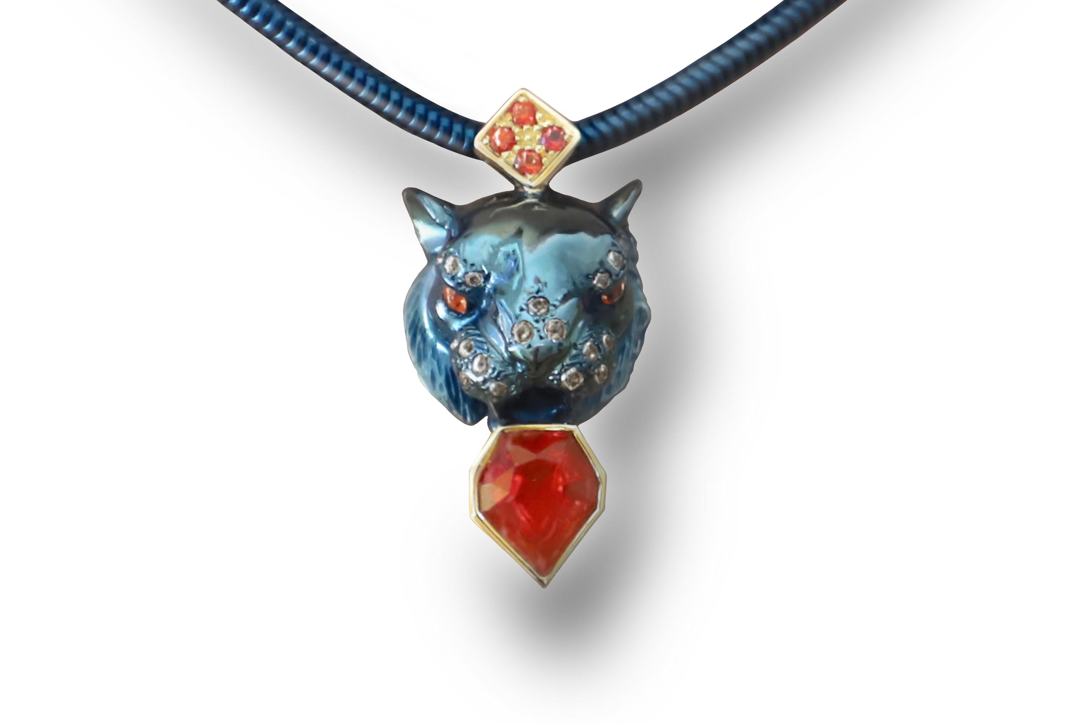 18K Gold 1.77 Karat Fire Opal 0.50k Diamond Sapphires Tiger Pendant ...