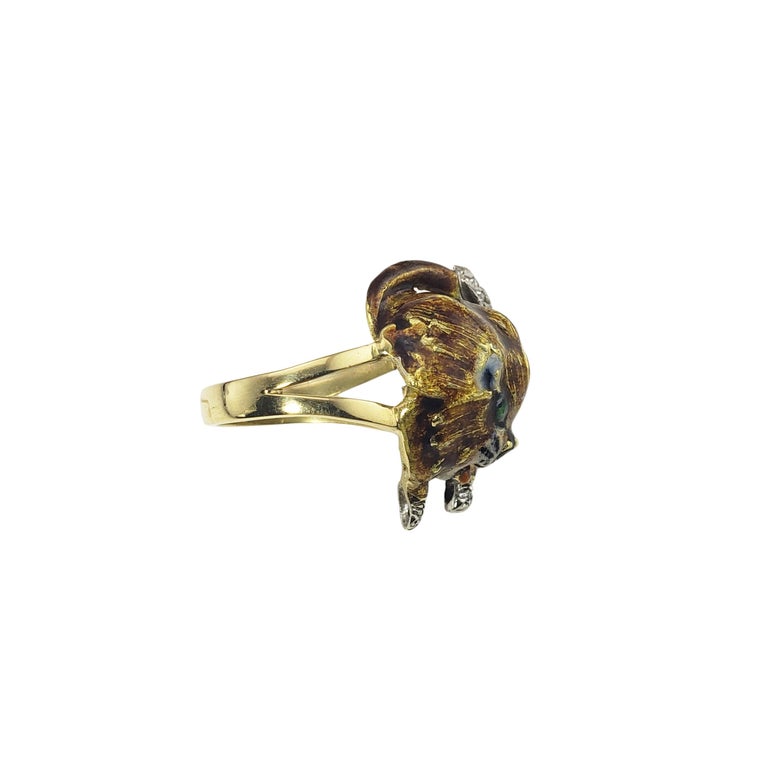 18 Karat Yellow Gold and Diamond Enamel Tiger Ring For Sale at 1stDibs