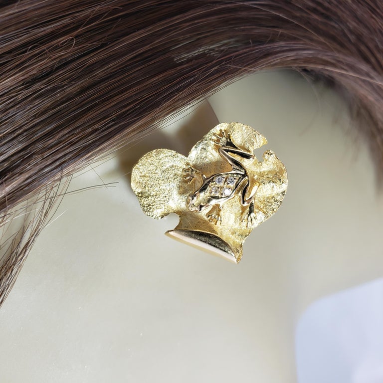 18 Karat Yellow Gold and Diamond Lily Pad with Frog Earrings For Sale ...