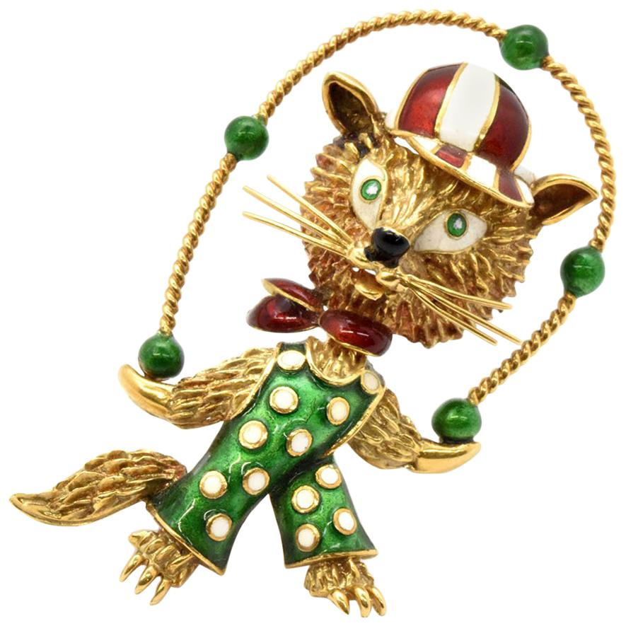 18 Karat Yellow Gold and Green, White, Red Enamel Juggling Cat Brooch ...