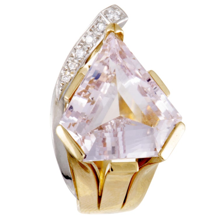 18 Karat Yellow Gold and Platinum Diamond Calf's Head-Cut Kunzite Ring ...
