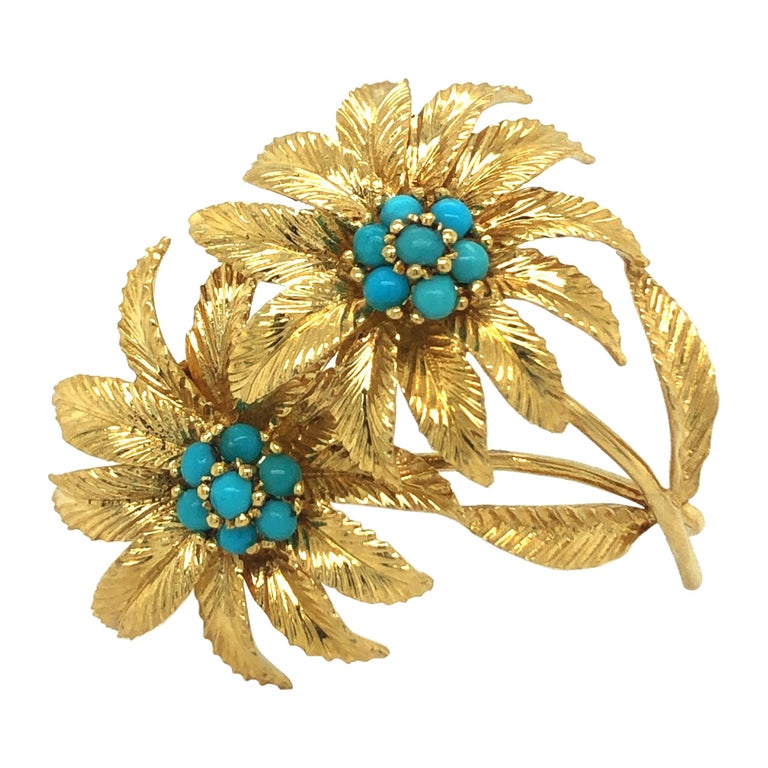 18 Karat Yellow Gold and Turquoise Flower Brooch at 1stDibs