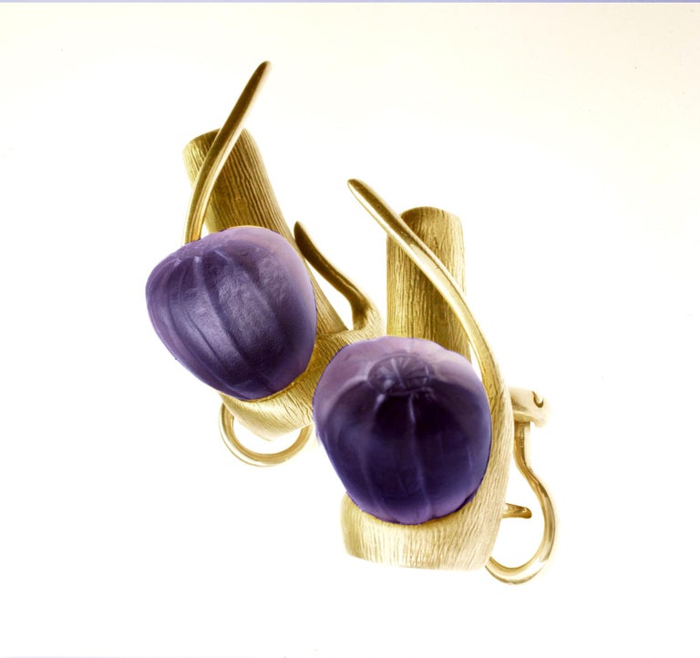 18 Karat Yellow Gold Art Nouveau Cocktail Fig Earrings with Amethysts ...