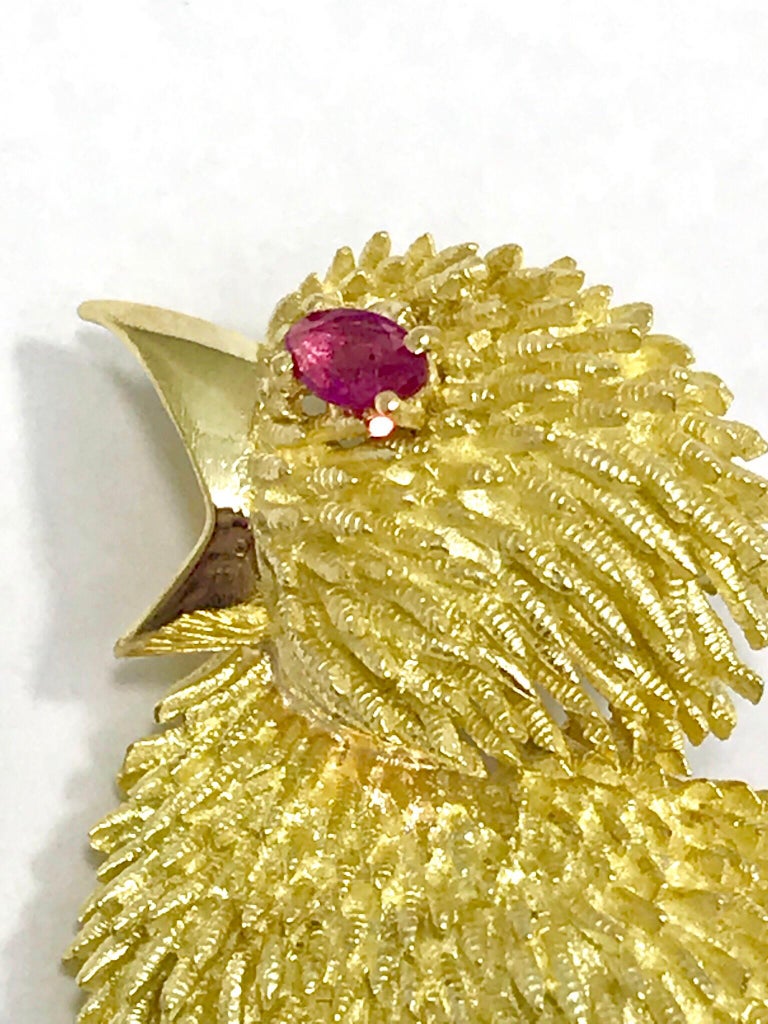 18 Karat Yellow Gold Baby Chick Brooch with a Ruby Eye at 1stDibs
