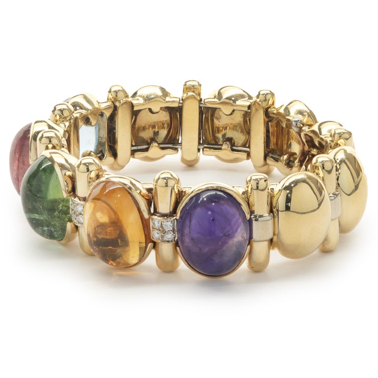 18 Karat Yellow Gold Cabochon Cut Multi Gemstone and Diamond Bangle ...