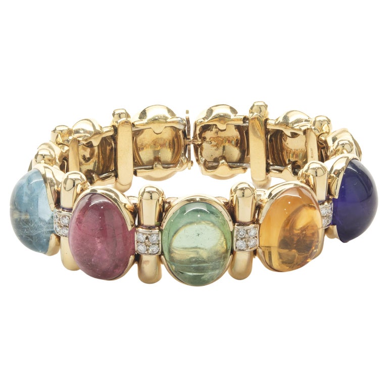 18 Karat Yellow Gold Cabochon Cut Multi Gemstone and Diamond Bangle ...