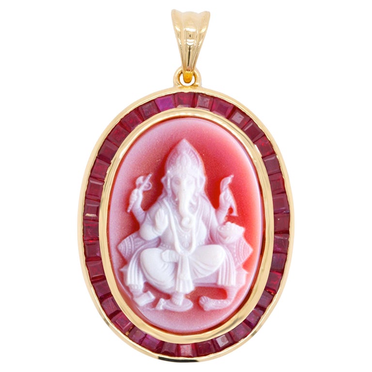 18 Karat Yellow Gold Calibre Cut Burma Ruby Ganesha Agate Cameo Pendant ...