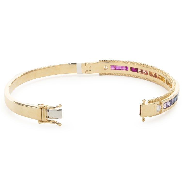 18 Karat Yellow Gold Channel Set Rainbow Sapphire and Diamond Bangle ...