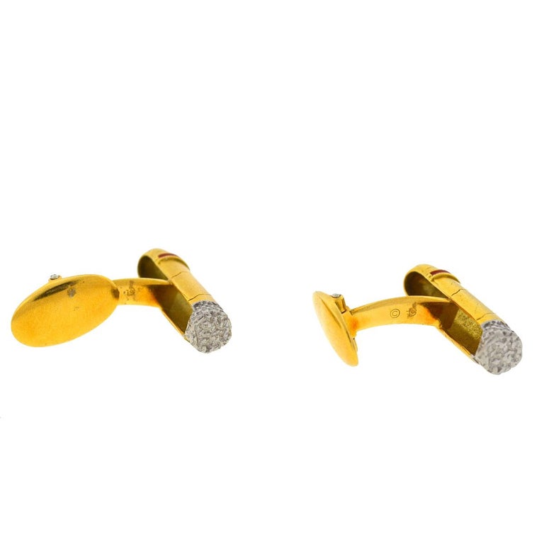 18 Karat Yellow Gold Cigar Shaped Diamond Cufflinks Approximately 0.06 ...