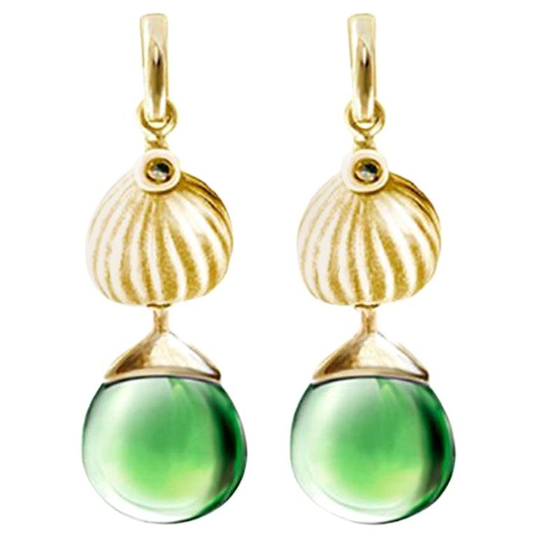 14 Karat Yellow Gold Cocktail Fig Earrings with Green Amber Drops and ...