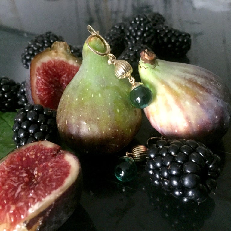 14 Karat Yellow Gold Cocktail Fig Earrings with Green Amber Drops and ...