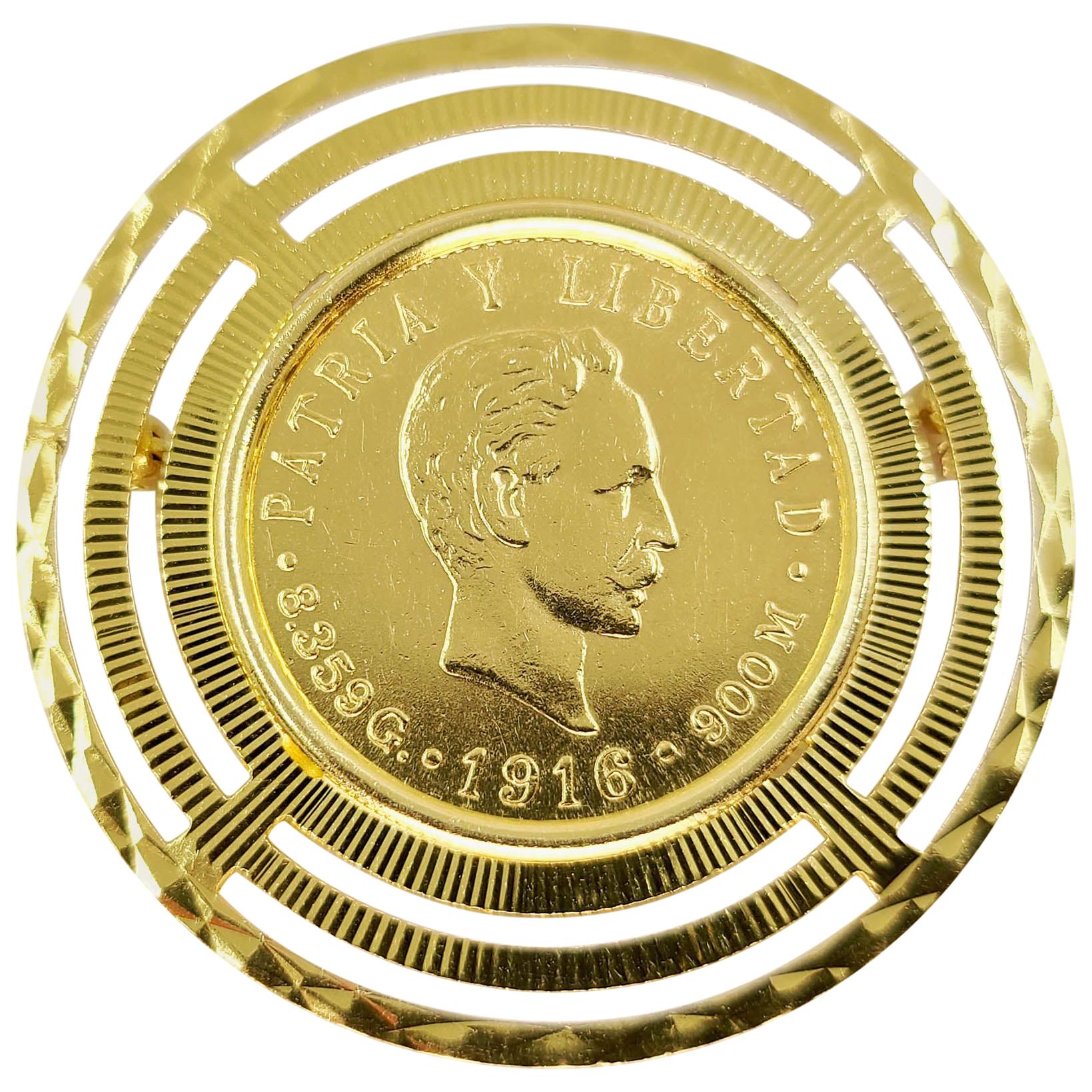 22 Karat Yellow Gold Cuban Cinco Pesos Coin Pin For Sale at 1stDibs
