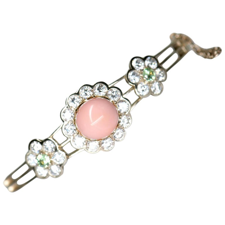 18 Karat Yellow Gold Conch Pearl Demantoid Garnet and Diamond Bangle ...