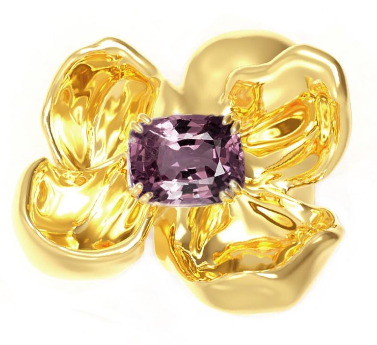18 Karat Yellow Gold Contemporary Magnolia Clip-On Earrings with Purple ...